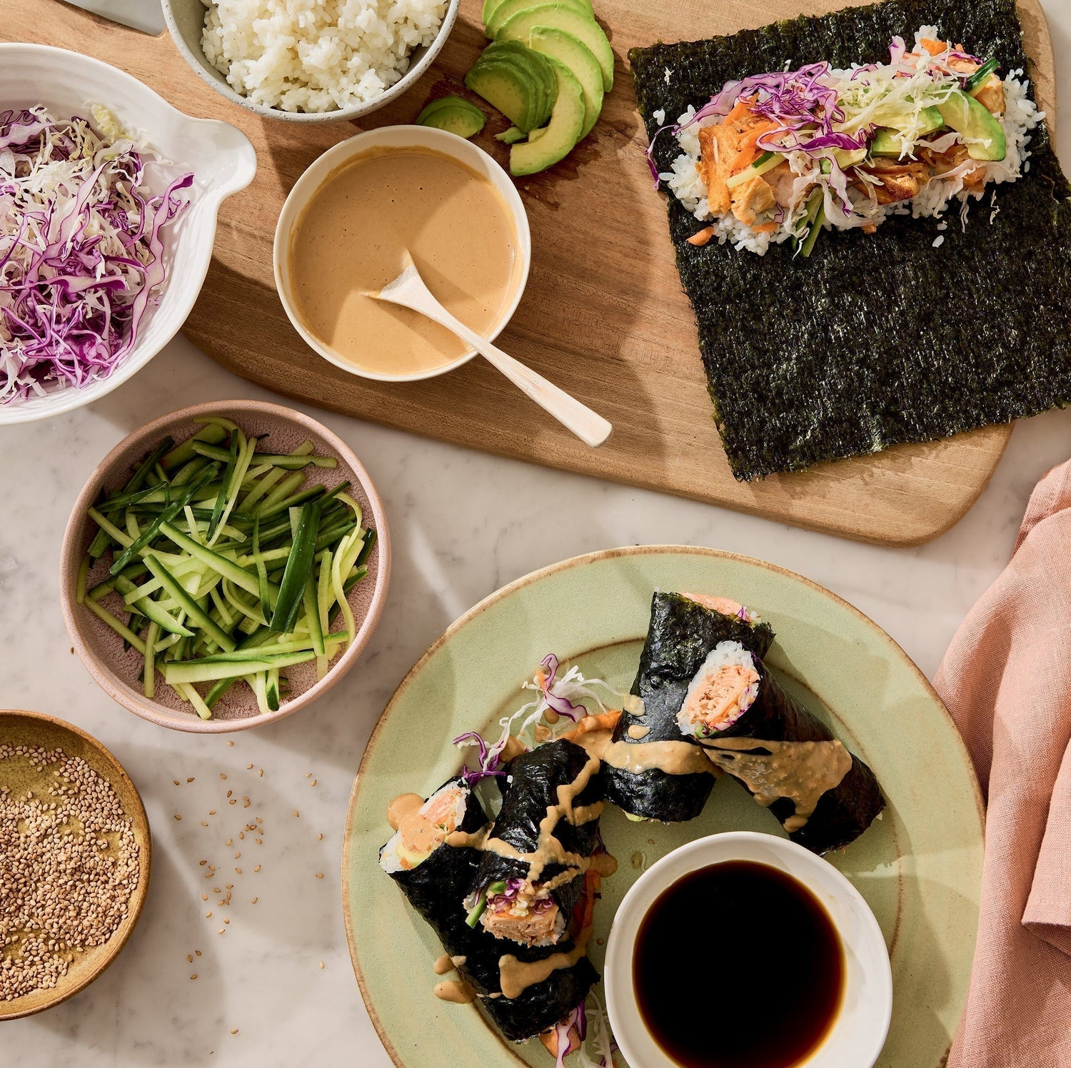 Paige Lindgren's Salmon & Avocado Nori Wraps with a Gingery Tahini Mis ...